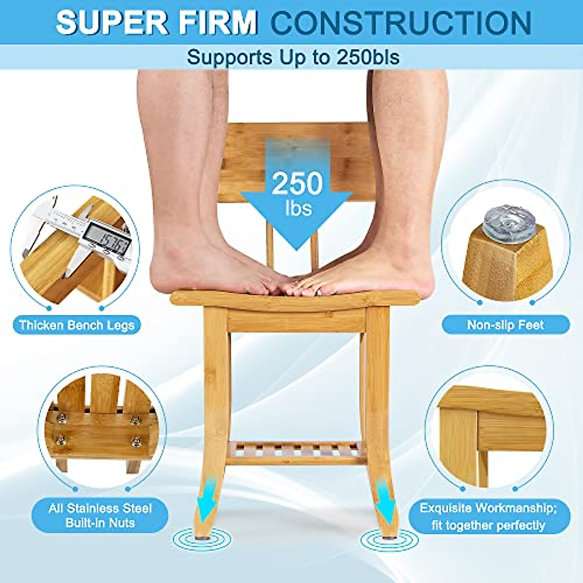 ETECHMART Bamboo Shower Bench with Back and Soap Dish, 2-Tier Shower Chair Bath Seat with Handle for Bathroom Bathtub Elderly Disabled, Waterproof Wood Spa Stool for Inside Shower Legs Shaving, Bamboo