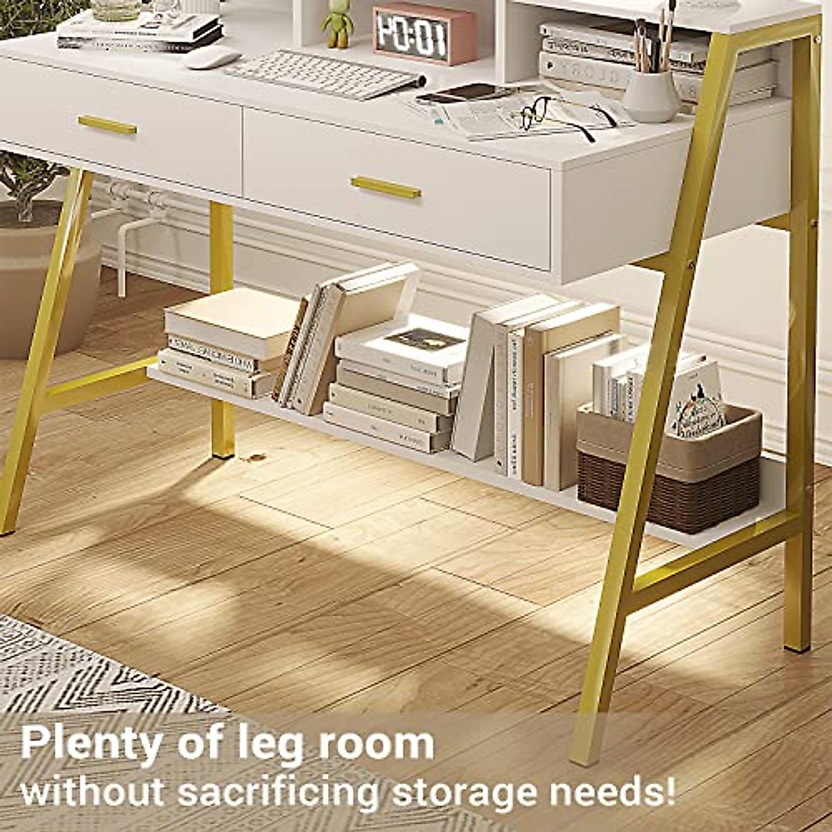Tiptiper Modern Computer Desk with Drawers, Home Office Desk with Monitor Stand and Built-in Hutch, Writing Desk Workstation Table with Bookshelf, for Work & Study, White and Gold