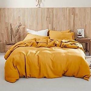 L Linen World Linen Duvet Cover Set 100% Stone Washed French Flax Pure Linen Duvet Covers Cooling Duvet Cover Queen Size Linen Bedding Set 1 Linen Duvet Cover 2 Pillowcases (Yellow,Queen)