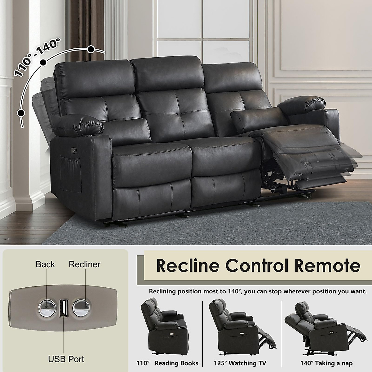 Consofa Power Reclining Sofa with Heat and Massage, Power Reclining Couch with Extended Footrest, Recliner Sofa 3 Seater with USB Ports & Cup Holders for Living Room, Home Theater Seating