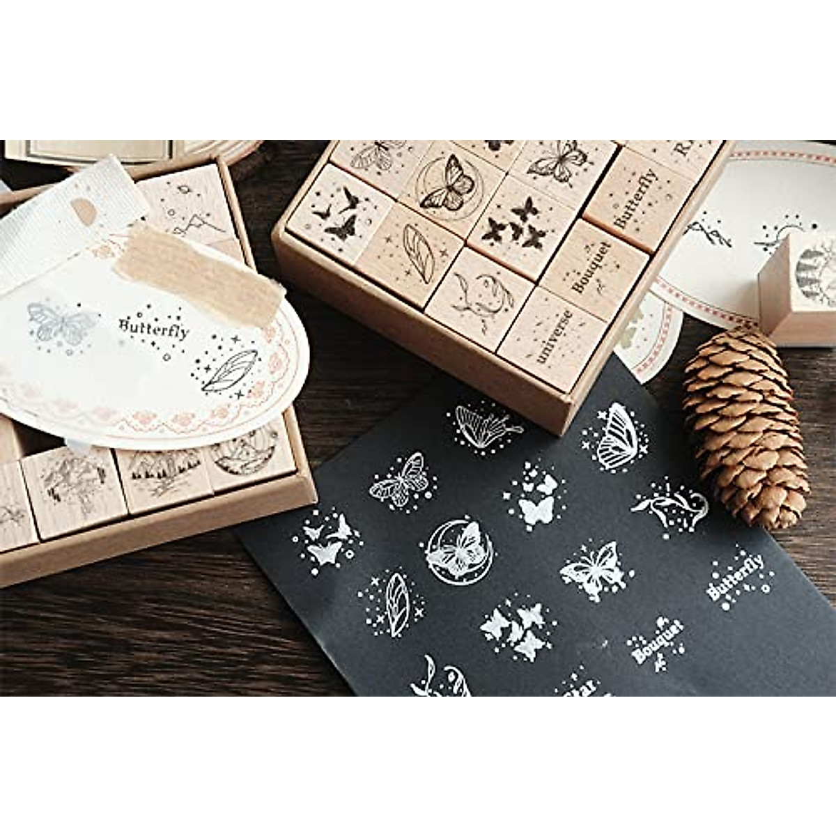 Cliocoo 16cs Wood Rubber Stamp Set, Moon&Star Decorative Wooden Stamp Set, Universe Planet Stamp for Art Craft, Journal, Diary, Scrapbook, Planner, Letter, Card Making M-26 (5-Butterfly)