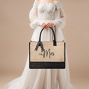 BeeGreen Wedding Gift Bag Jute Beach Tote Bag w Inner Zipper Pocket Large Bridal Shower Gift Bag Bachelorette Gift for Engagement Party Honeymoon Gifts Tote Embroidery Burlap Tote Bag for Women- Mrs