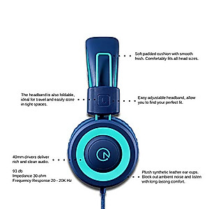 Kids Headphones - noot products K11 Foldable Stereo Tangle-Free 3.5mm Jack Wired Cord On-Ear Headset for Children/Teens/Boys/Girls/Smartphones/School/Kindle/Airplane Travel/Plane/Tablet (Navy/Teal)