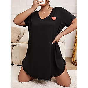 Floerns Women's Plus Size V Neck Short Sleeve Lace Trim Nightdress Sleepwear Black 3XL