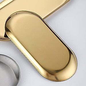 2 Pack Oval Decorative Brass Trays with Mirror Finish, 9”Small Gold Tray with Curved Lip, Dessert Table Serving Platter Vanity Jewelry Metal Tray for Desktop, Exxacttorch