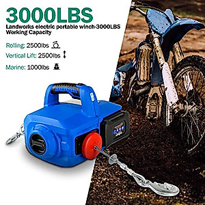 Landworks Electric Towing Winch Hoist Portable Cordless 1000 lbs 1/2 Ton Max Weight Brushless Motor Li-Ion Battery Powered 20' Foot Steel Braided Cable for Off Road ATV Truck Boat Trailer Hunting