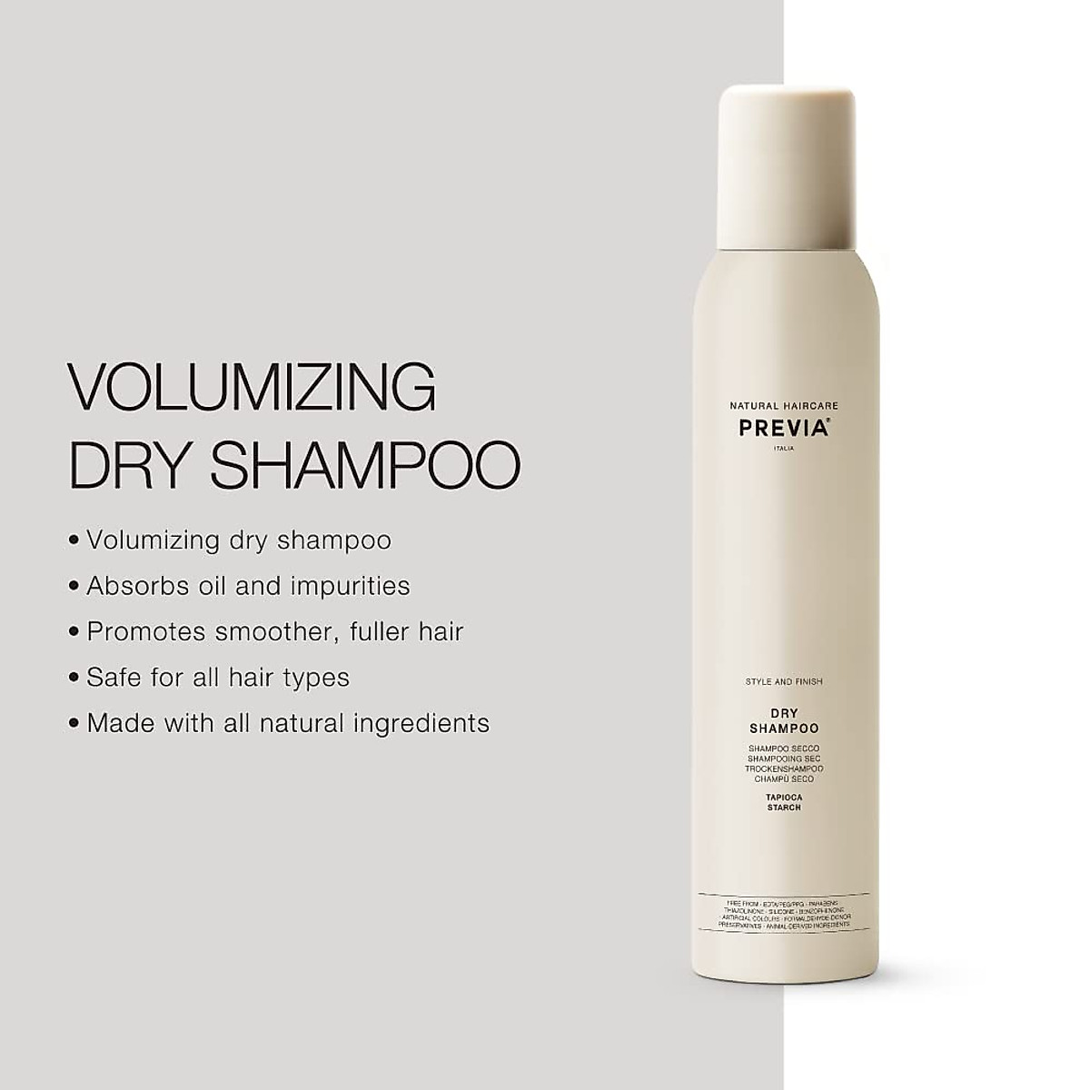 PREVIA Dry Shampoo - Volumizing Spray with Tapioca Starch for All Hair Types | Natural Oil Control & Freshness Between Washes - Vegan, Paraben-Free, Sulfate-Free Verbascum Flower - 6.7 oz