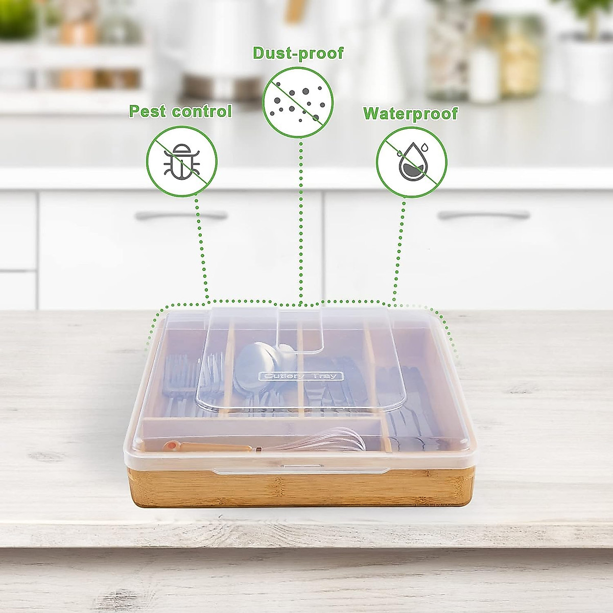 QINOL Silverware Tray with Lid, Utensil Drawer Organizer for Kitchen Countertop, Wooden Flatware Organizers and Storage Holder, Bamboo