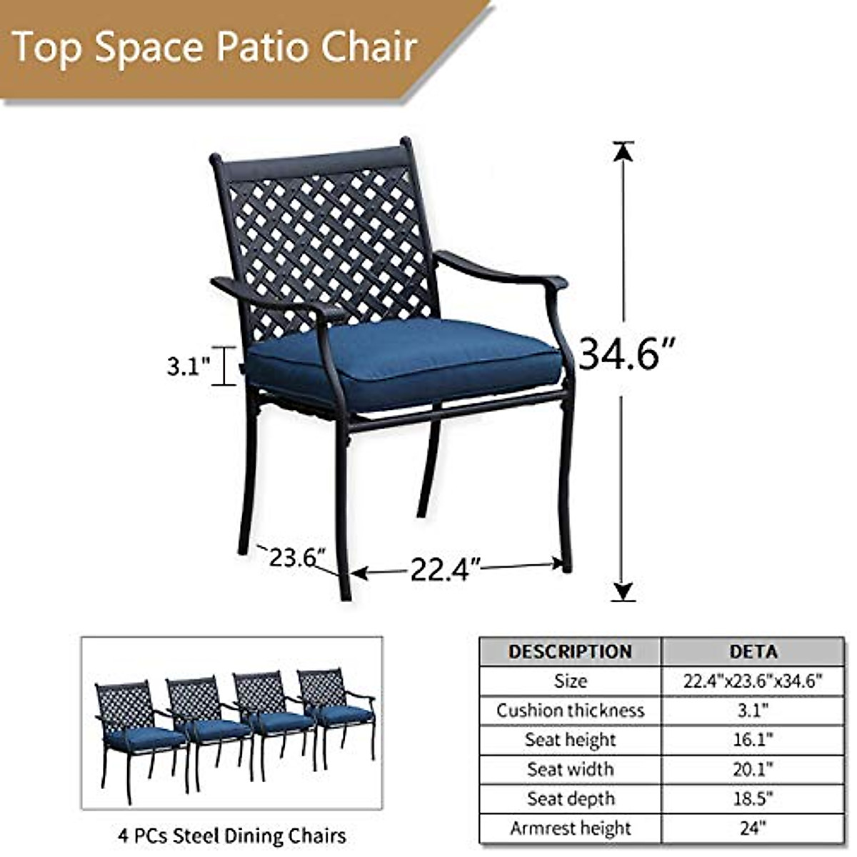 Top Space 4 Piece Metal Outdoor Wrought Iron Patio Furniture,Dinning Chairs Set with Arms and Seat Cushions (4 PC, Blue)
