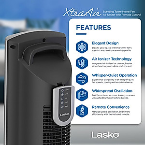 Lasko XtraAir 48 Inch 4 Speed Quiet Widespread Oscillating Standing Tower Home Fan Air Ionizer with Remote Control and 8 Hour Timer, Silver