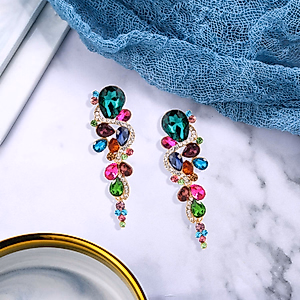 BriLove Women's Wedding Bridal Dangle Earrings Bohemian Boho Crystal Multiple Teardrop Chandelier Long Earrings Gold-Tone Multicolor Colorful