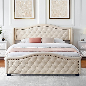 IDEALHOUSE King Size Upholstered Platform Bed Frame with Tall Headboard 47.2", King Bed with Velvet Button Tufted & Nailhead Trim Wingback Headboard, Luxurious Arched Footboard, Beige