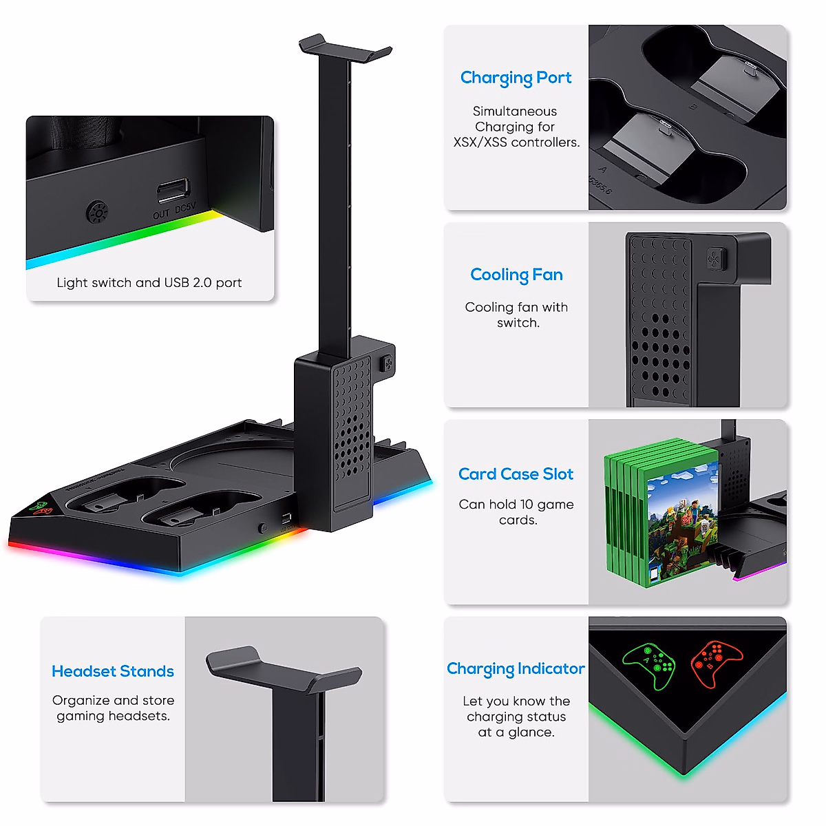 RGB Charging Stand with Cooling Fan for Xbox Series X Console &Controller,Dual Charger Station Cooler System Accessories with 15 RGB Light,2x1400mAh Rechargeable Battery,Headphone stand,Game Disc Slot