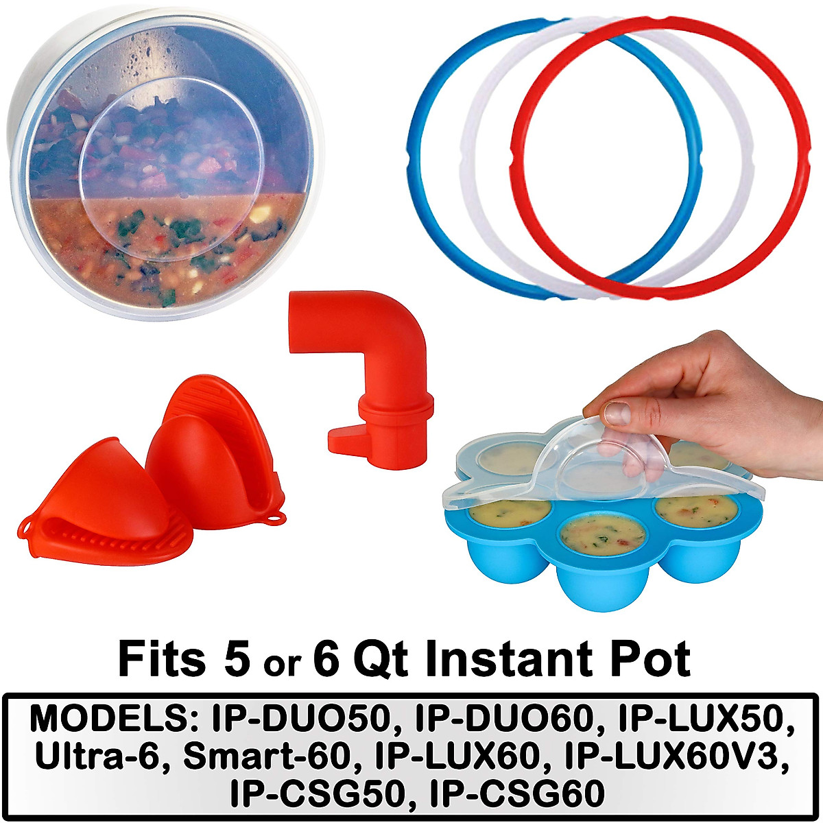 UPGRADED - Silicone Accessories For Instant Pot 5 & 6 Quart: Silicone Lid, 3 Silicone Sealing Rings, Silicone Egg Bites Mold, Mitts, Steam Diverter - 100% AUTHENTIC SILICONE - BPA-FREE, PVC-FREE