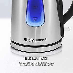 Elite Gourmet EKT-1271# Ultimate 1.7 Liter Electric Kettle – Stainless Steel Design & Cordless 360° Base, Stylish Blue LED Interior, Handy Auto Shut-Off Function – Quickly Boil Water For Tea & More