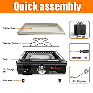 QuliMetal Portable Griddle Flat Top Grill 17 Inch Table Top Griddle Gas Grill Propane Grill with Carry Bag Outdoor Griddle Camping Griddle 15,000 BTU Burner 268 Sq Stainless Steel For Party Tailgating
