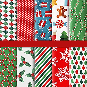 10 Pieces Christmas Cotton Fabric Squares Precut Quilting Fabric Patchwork Christmas Snowflake Print Red Green Fabric for Xmas Sewing Crafting DIY Supplies (25 x 25 cm/ 9.84 x 9.84 Inch)