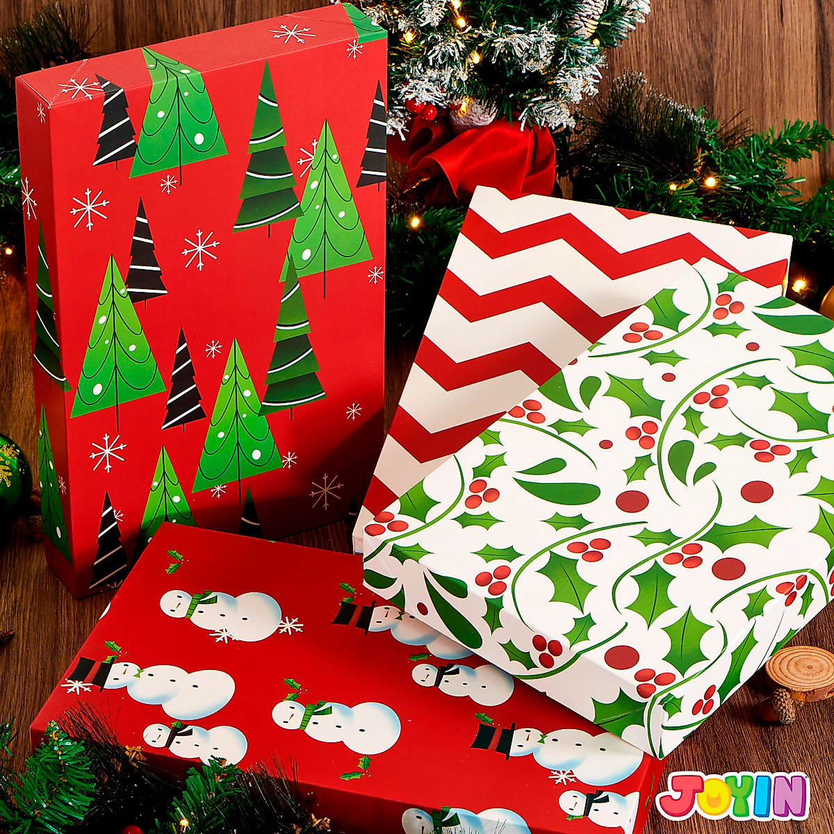 JOYIN 12 Pcs 14" x 9.5" x 2" Christmas Tone Shirt Wrap Boxes ​with Lid and Base, Clothes, Wrapping Robe Boxes,Gift Boxes, Xmas Goody Gift Boxes for Christmas, Birthdays, Wedding, 4 Designs