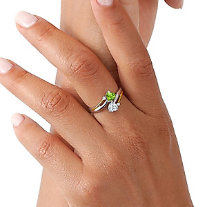 925 Silver and 10K Yellow Gold Green Peridot and Moissanite from Charles & Colvard 2 Heart Promise Couple Engagement Mother Ring (1.02 Cttw, Gemstone Birthstone, Available In Size 5, 6, 7, 8, 9)