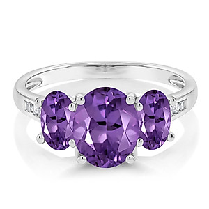 Gem Stone King 10K White Gold Purple Amethyst and White Diamond Oval 3-Stone Engagement Ring For Women (1.70 Cttw, Gemstone February Birthstone, Available In Size 5, 6, 7, 8, 9)