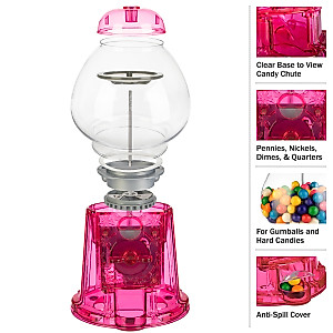 11-Inch Translucent Gumball Machine - Coin-Operated Candy Dispenser Vending Machine and Piggy Bank by Great Northern Popcorn (Pink)