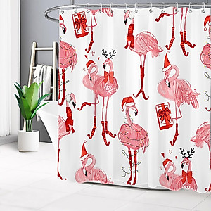 HVEST Christmas Flamingo Shower Curtain for Bathroom Decor, Pink Bird Flamingo and Gift on White Shower Curtain with Hooks, Tropical Christmas Bathroom Curtains Shower Set, 72L x 72W inches