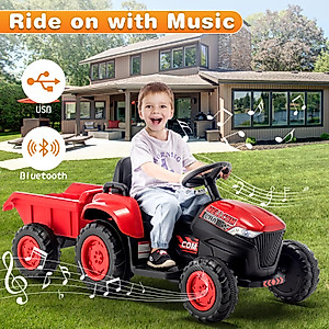 MELLCOM Ride on Tractor, 12V Electric Car Kids Electric Vehicles with Remote Control and Trailer, Ride On Car with 30W Dual Motors, Ride on Toys with Cool Lights, Music,USB, Red