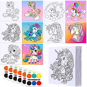 Ireer 24 Pack Painting Canvas Kit for Party Painting Kit 12 Pcs Pre Drawn Coloring Canvas with 12 Pcs 12 Colors Solid Paint and 12 Pcs Paintbrush, 7.9 x 7.9 Inch(Unicorn)
