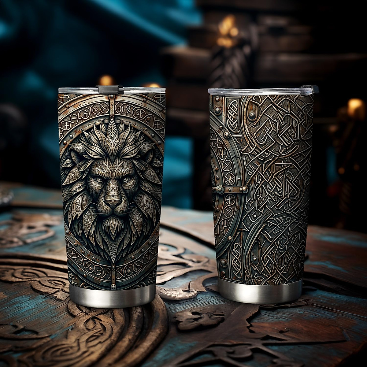 20oz Viking Celtic Warrior Lion Tumbler, Norse Mythology, Viking Gifts for Men, Coffee Thermos for Men, Stainless Steel Double Wall Vacuum Insulated Coffee Mug, Travel Cup with Lid