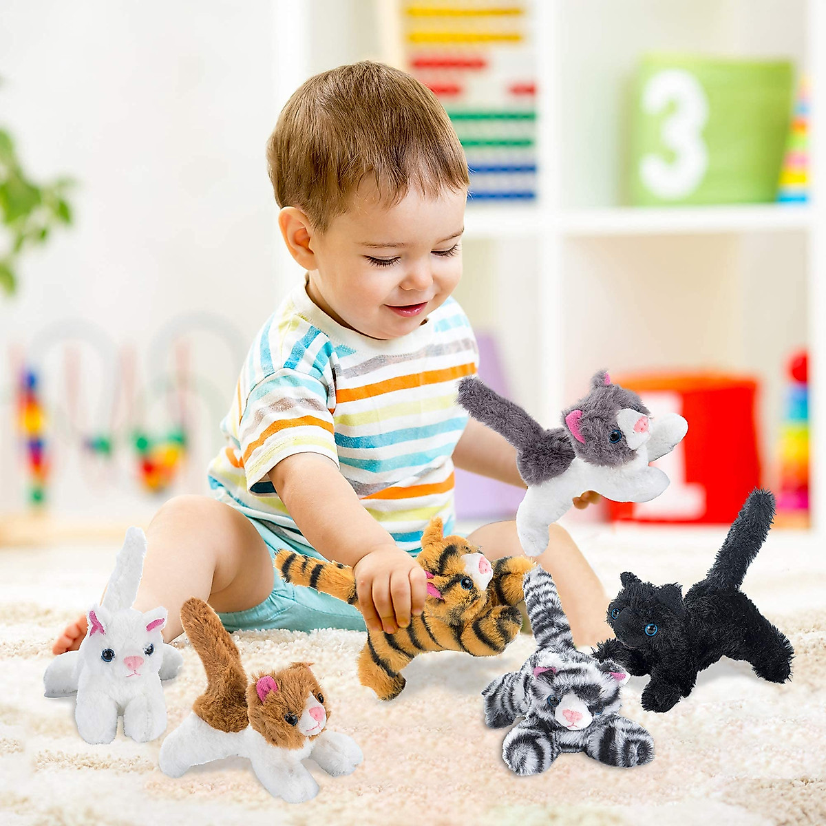 PASSIONFRUIT Plush Stuffed Toy Cat Set – Set of 6 Stuffed Toys for Kids – 6 Inches Long – Bright & Vibrant Colors – Soft Toy Set for Boys & Girls