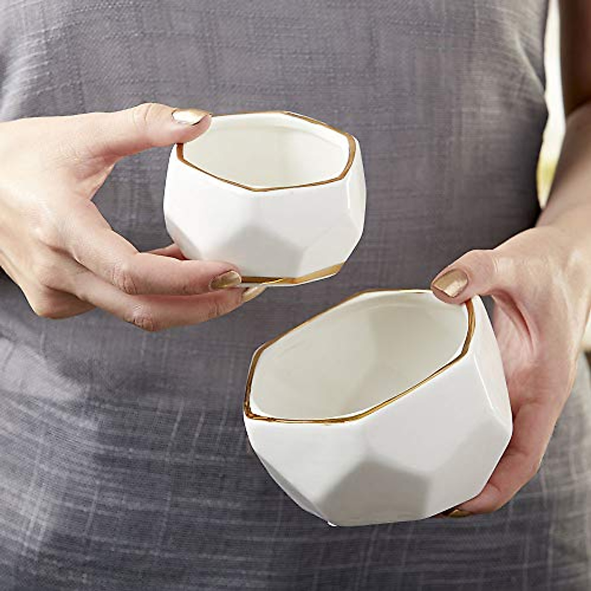 Kate Aspen Geometric Ceramic Planters Decorative Bowls, Small & Medium (Set of 2) , White