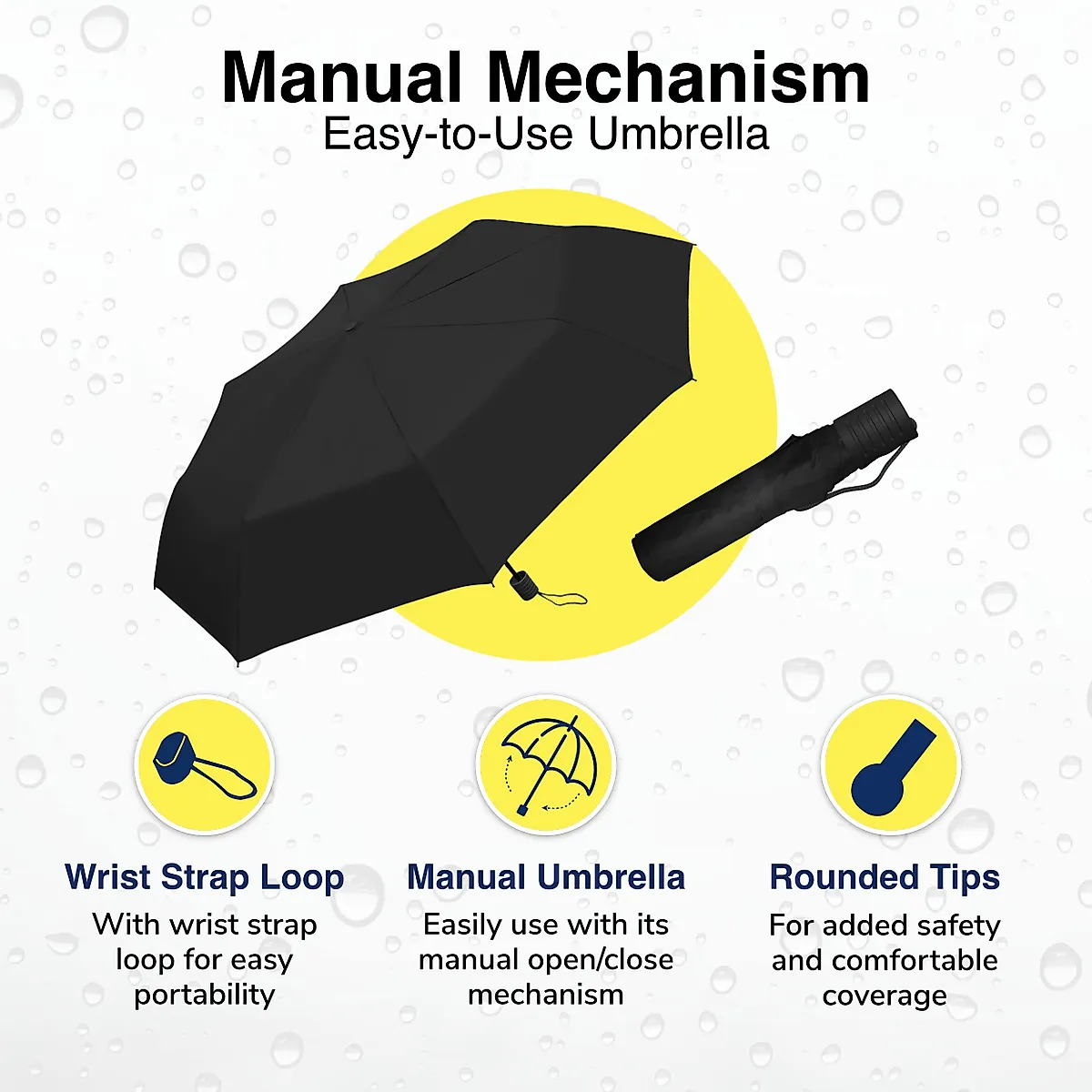 Weather Station Mini Manual Rain Umbrella, Windproof, Lightweight and Packable for Travel, Full 42 Inch Arc, Black