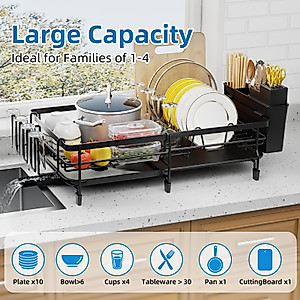 HAYOLPORS Dish Drying Rack - Expandable Dish Rack for Kitchen Counter with Drainboard, Rustproof Large Dish Drainer with Utensil Holder Cup Rack for Kitchen Sink, Black