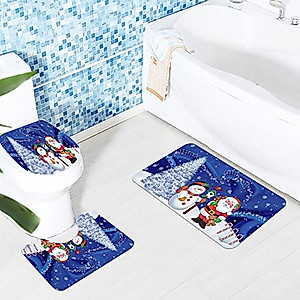Anti Slip Bath Mats for Bathroom, Santa claus Snowman Tree Christmas Bath Mat Set of 3 Bathroom Rugs/Contour Mat/Toilet Cover, Polyester PVC Bathroom Rugs Set for Christmas Decorations (Dark blue)