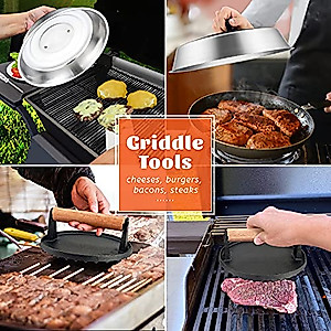 HaSteeL 12In Cheese Melting Dome & 7In Cast Iron Grill Press, Stainless Steel Basting Cover with Heavy Duty Burger Bacon Press, Griddle Accessories for Teppanyaki Flat Top Stovetop Indoor & Outdoor