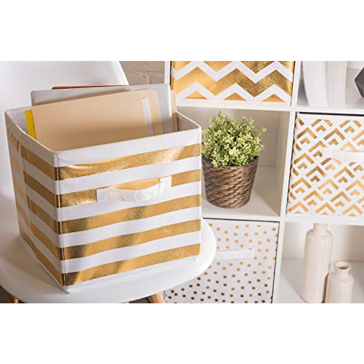 DII Non Woven Polyester, Metallic Stripes Storage Bin, Gold, Small (4)