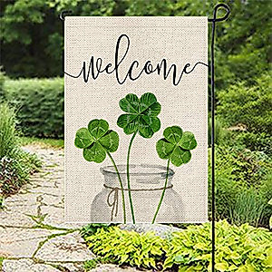 CROWNED BEAUTY St Patricks Day Garden Flag 12x18 Inch Double Sided for Outside Small Burlap Green Shamrocks Clovers Welcome Yard Holiday Flag