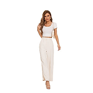 FUNYYZO Women's Wide Leg Pants High Elastic Waisted in The Back Business Work Trousers Long Straight Suit Pants Beige