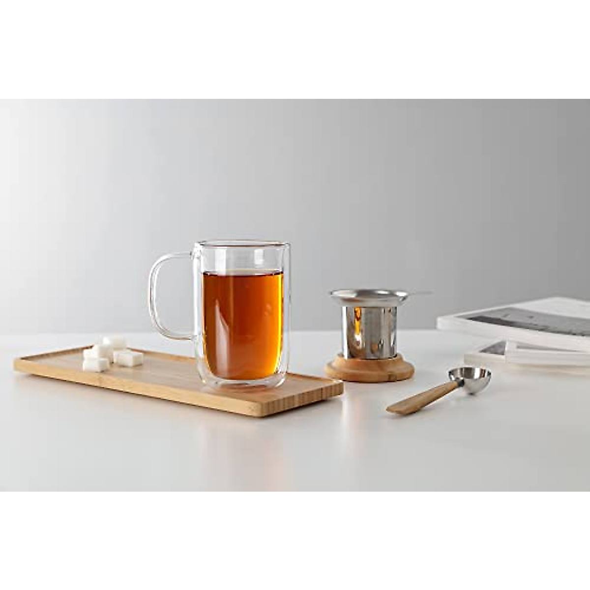 VIVA Minima Double Wall Glass Balance Tea Mug with Mesh Infuser and Wood Lid- 500 ml / 17 oz