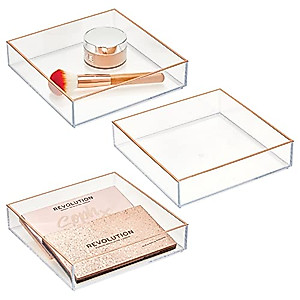 mDesign Plastic Drawer Organizer, Square Storage Tray for Cosmetics, Makeup, and Accessories on Vanity, Countertop, Bathroom, or Cabinet - 3 Pack - Clear/Rose Gold
