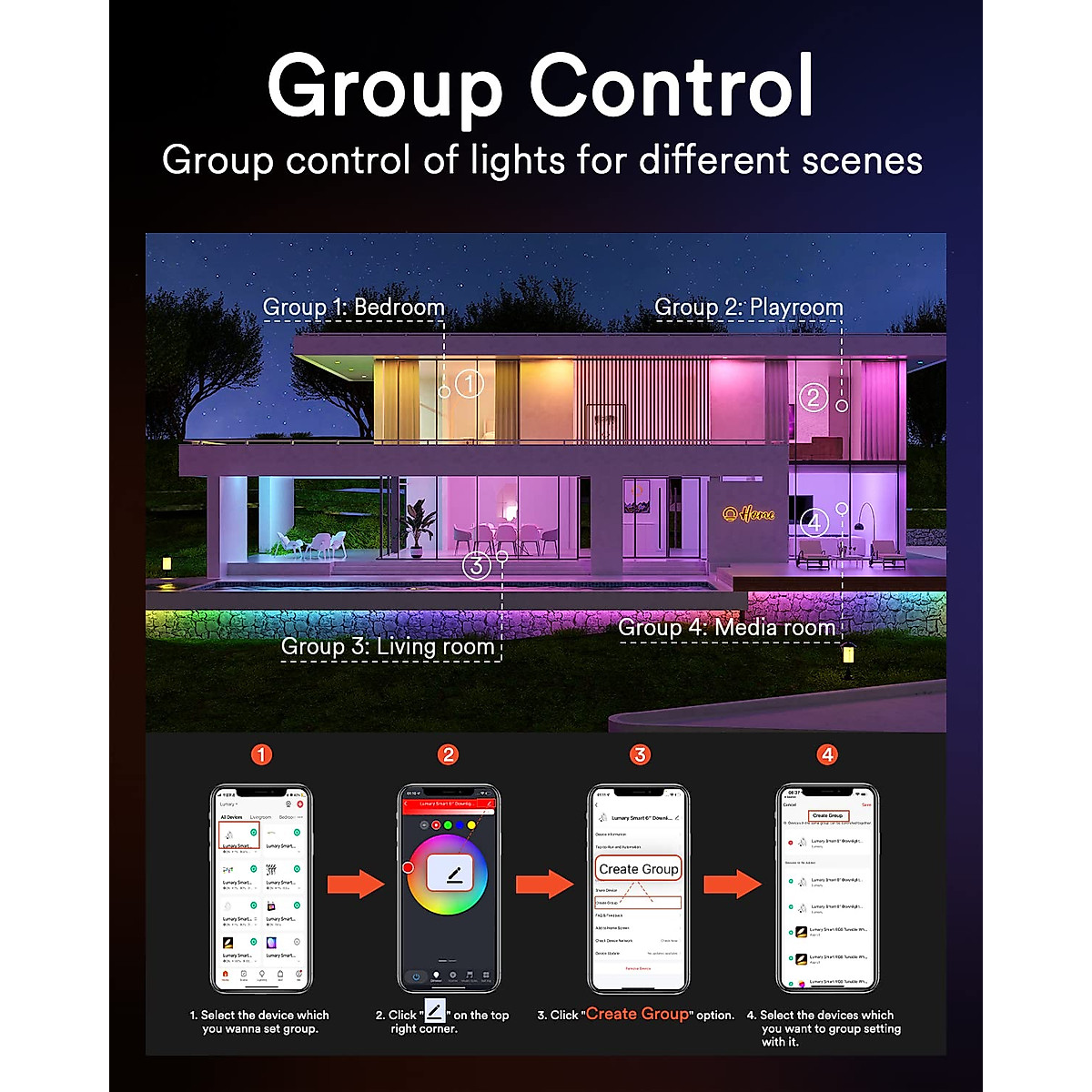 Lumary 5/6 Inch WiFi Smart LED Can Lights Retrofit Recessed Lighting - 13W 1100LM RGB Color Changing Downlight, Baffle Trim, Work with Alexa/Google Assistant/Siri, Bedroom, Kitchen, Living Room 4 Pcs