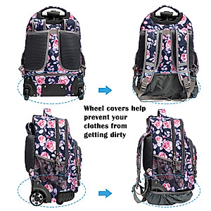 SKYMOVE 18 inches Wheeled Rolling Backpack Multi-Compartment College Books Laptop Bag Business Trip Carry-on, Pink Flower
