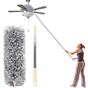Microfiber Duster with Extension Pole(Stainless Steel) 30 to 100'', with Bendable Head, Extendable Long Duster for Cleaning Ceiling Fan, High Ceiling, Keyboard, Furniture Cars