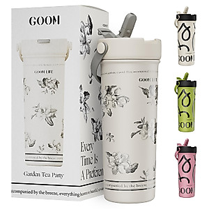 GOOM Graffiti 20oz Tumbler with Lid and Straw,Spill Proof Tumbler with Flip Straw and Top Handle,Tea Infuser,6-Layer Insulation 18/10 Stainless Steel,Cold for 24 Hours,Hot for 12 Hours - Floral White