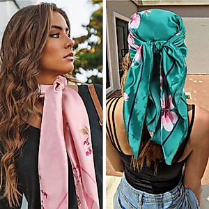 DRESHOW 35” Large Square Satin Head Scarf - 4Pcs Silk Accessories Classic Patterned Squares Beach Bandanas for Women