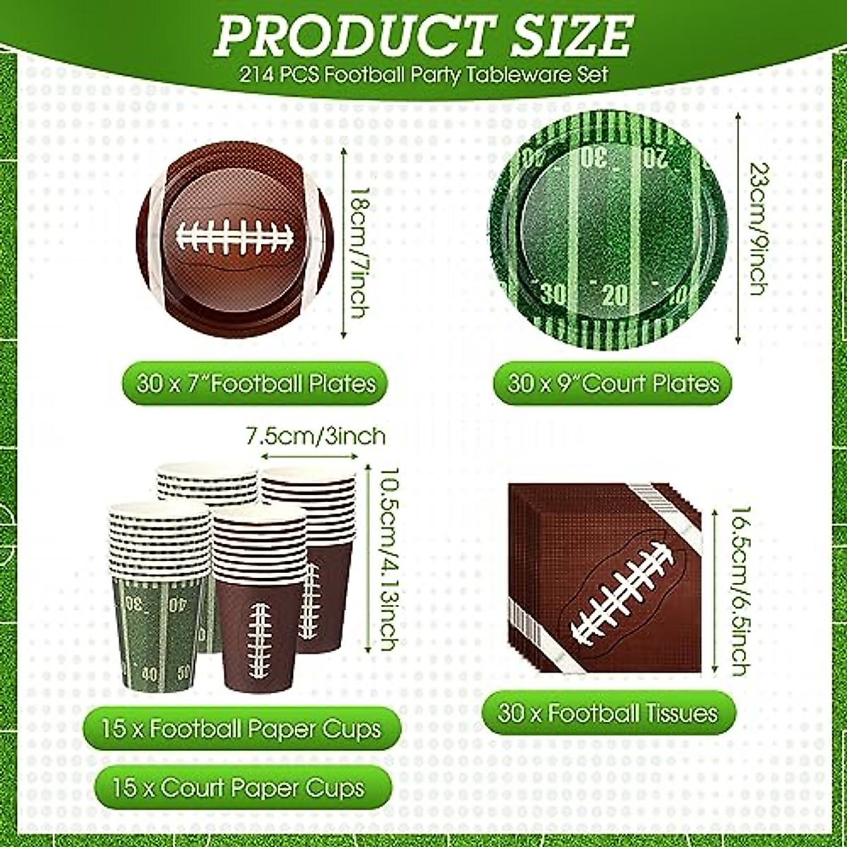 Preboun 214 Pcs Football Party Supplies Dinnerware Set for 30 People, Football Party Decorations Including Plates, Cups, Napkins, Tablecloth, Banner, Knives Forks and Spoons Set for Sports Birthday