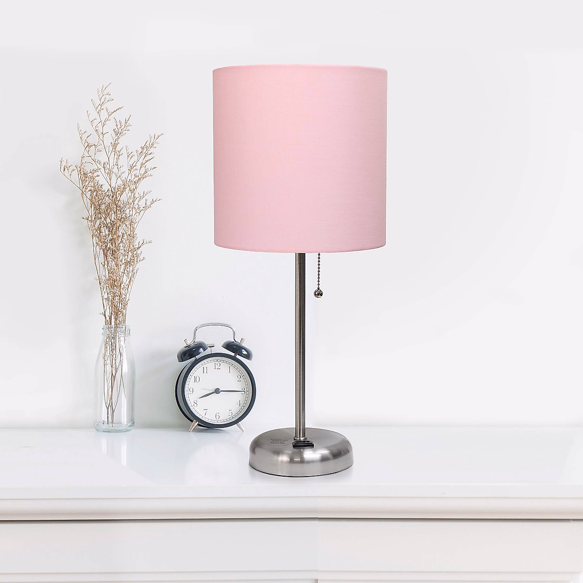 Simple Designs LT2024-LPK Brushed Steel Stick Table Desk Lamp with Charging Outlet and Drum Fabric Shade, Light Pink