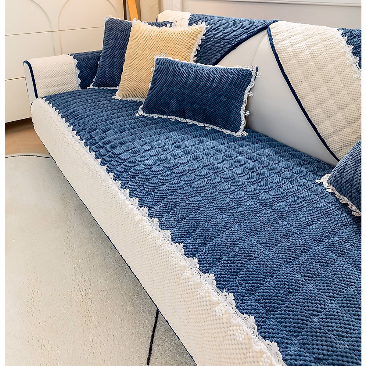 vctops Soft Corduroy Sofa Couch Cover, Plaid Sectional Couch Covers, Non-Slip Sofa Slipcover for Dogs Cats Kids(Navy,36"x47")