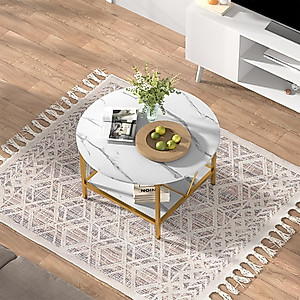 Yusong Round Coffee Table for Living Room, Farmhouse Circle Coffee Table with Storage Shelf, 2-Tier Modern Center Table with White Faux Wooden Tabletop, Gold Metal Frame