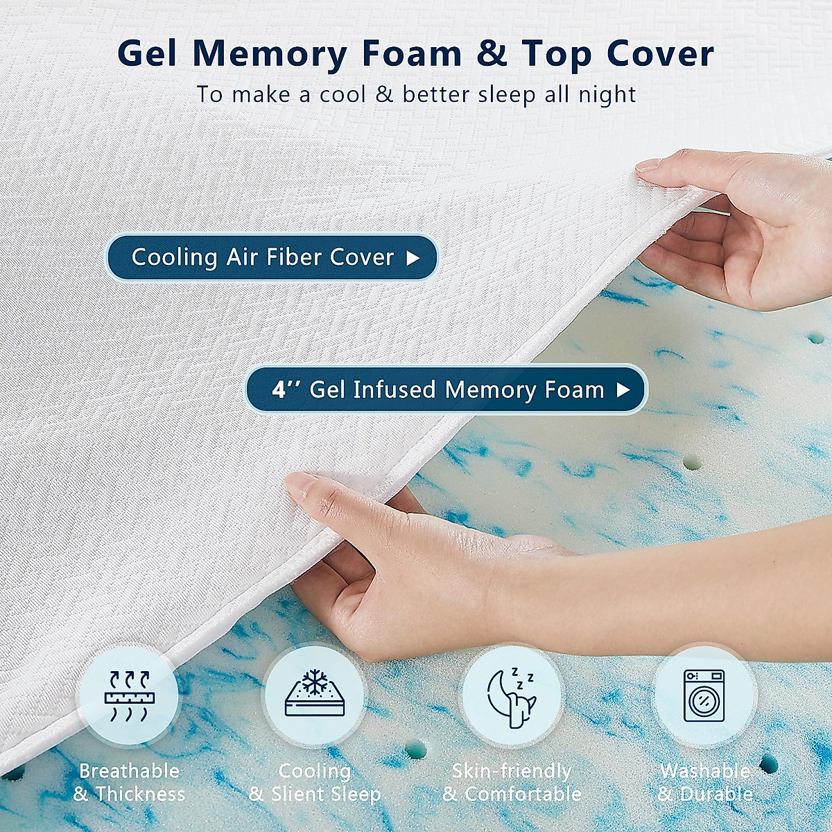 Timimi Memory Foam Mattress Topper King - 4 Inch Gel Cooling Mattress Pad for King Size Bed with Removable Washable Cover(21'' Deep Pocket) - Bed Topper for Back Pain (CertiPUR-US Certified - White)